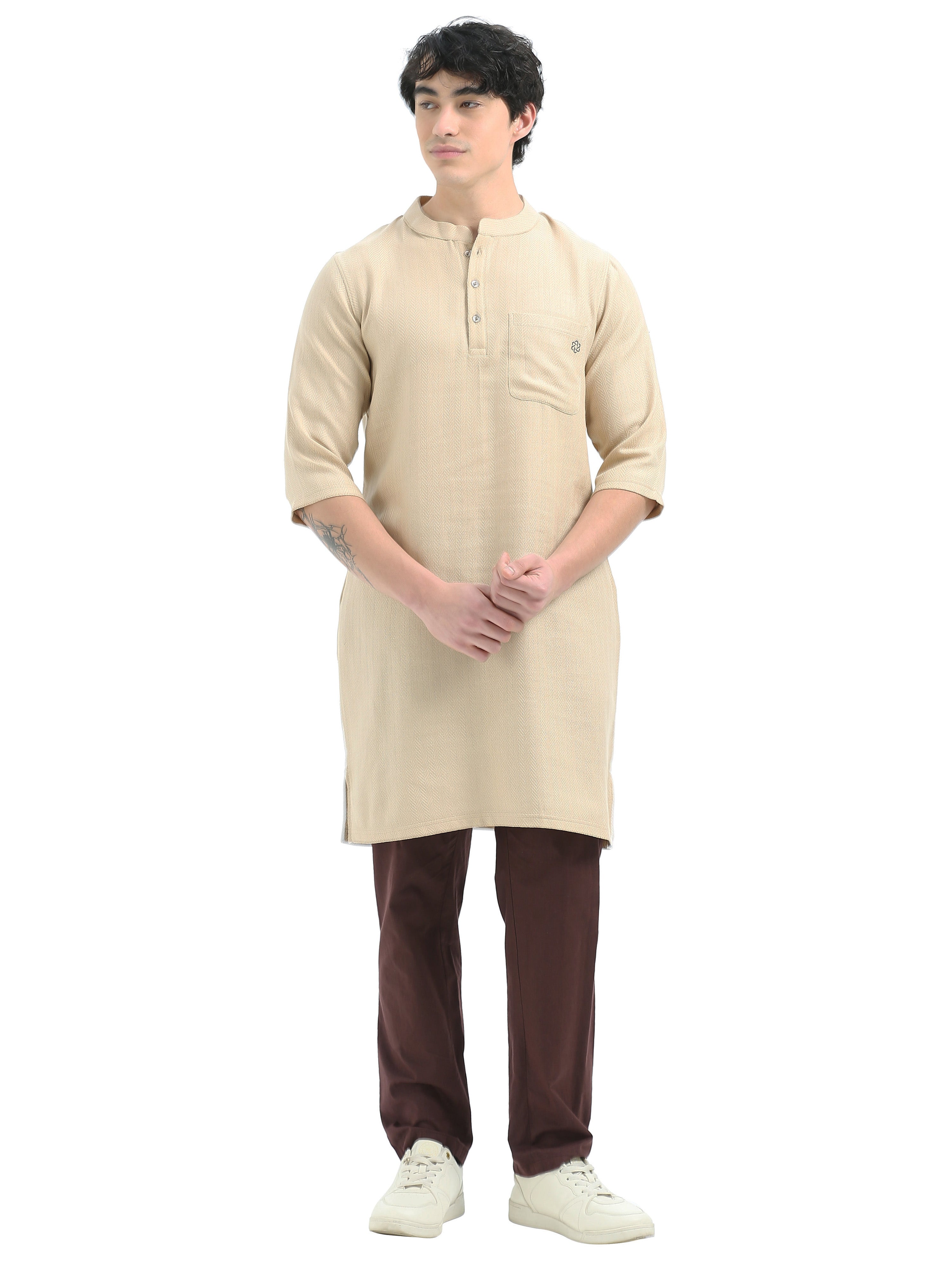 Men’s Long Kurta - Tan Herringbone Twill – Ecoline Clothing : India's ...